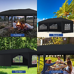 FOOWIN Canopy 10'X20' Tent Pop-up Canopy Commercial Tent with 6 Removable Sidewalls Tents for Parties with 12pcs Stakes，6 pcs Ropes Outdoor Carport Canopy Shade for Patio/Outdoor (Black)
