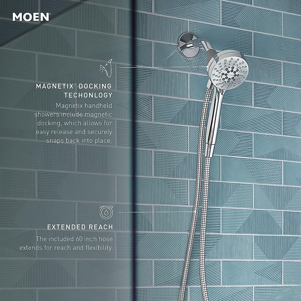Moen Chrome Engage Magnetix 3.5-Inch Six-Function Eco-Performance Handheld Showerhead with Magnetic Docking System, Removable Shower Head with Metal Hose, 26100EP
