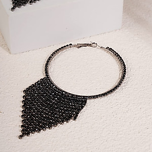 JWICOS Large Rhinestone Round Hoop Earrings for Women Long Chandelier Tassel Dangle Earrings for Party Gift Wedding (Black)