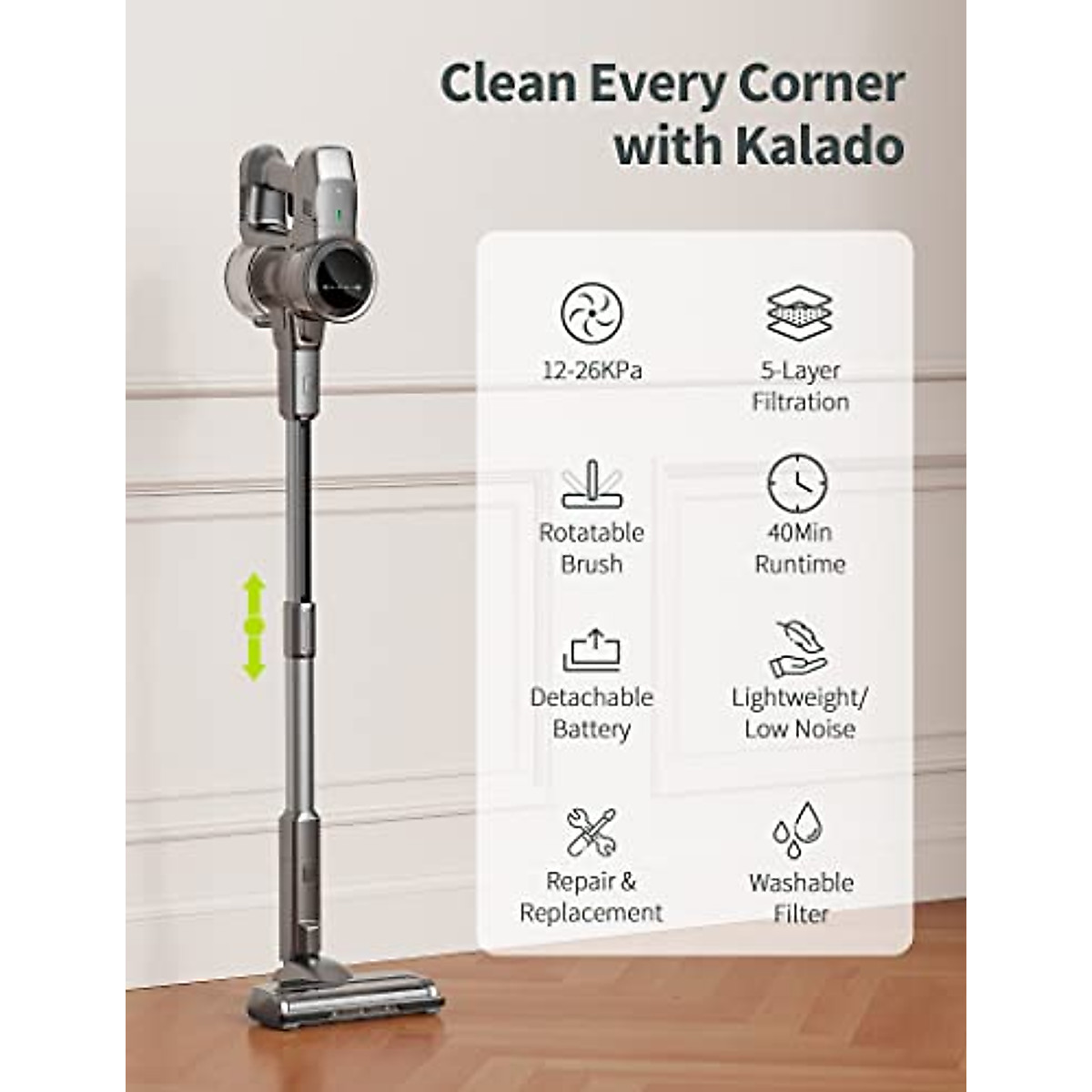 kalado Cordless Vacuum Cleaner, 26Kpa Stick Vacuum with 40Min Detachable Battery, 250W Brushless Motor, LED Display, 6 in 1 Lightweight Upright Vacuum for Pet Hair Carpet Car Floor（2 Years Warranty）