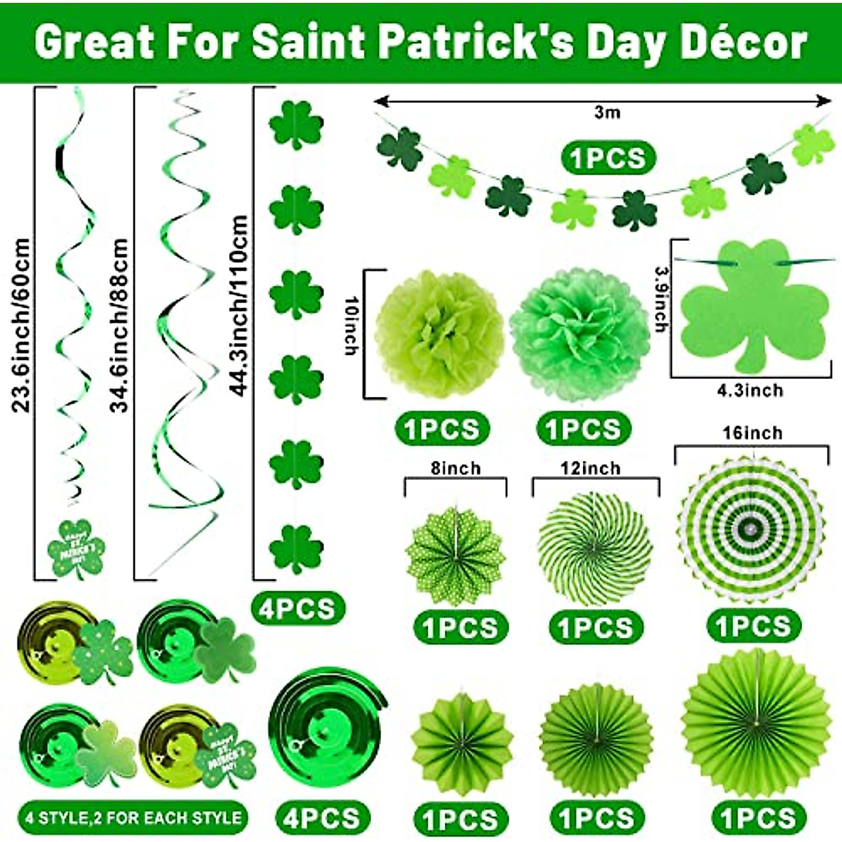 Whaline St.Patrick's Day party Decoration,St Patricks Hanging Paper Fans Honeycomb Ball, Foil String Hanging Swirls, Felt Clover Banner, Lucky Irish Green Shamrock Foil Strings, for Irish Party Decor