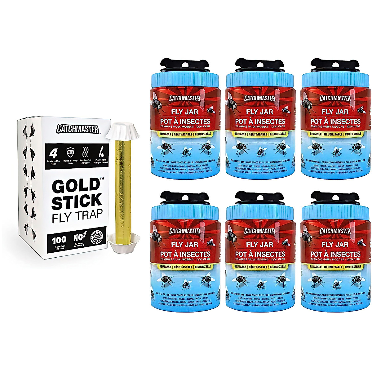 Catchmaster Fly Trap Bundle, Gold Stick 4-Pack & Outdoor Fly Jar 6-Pack, for Garage, Backyard, Pool, Patio & Camping