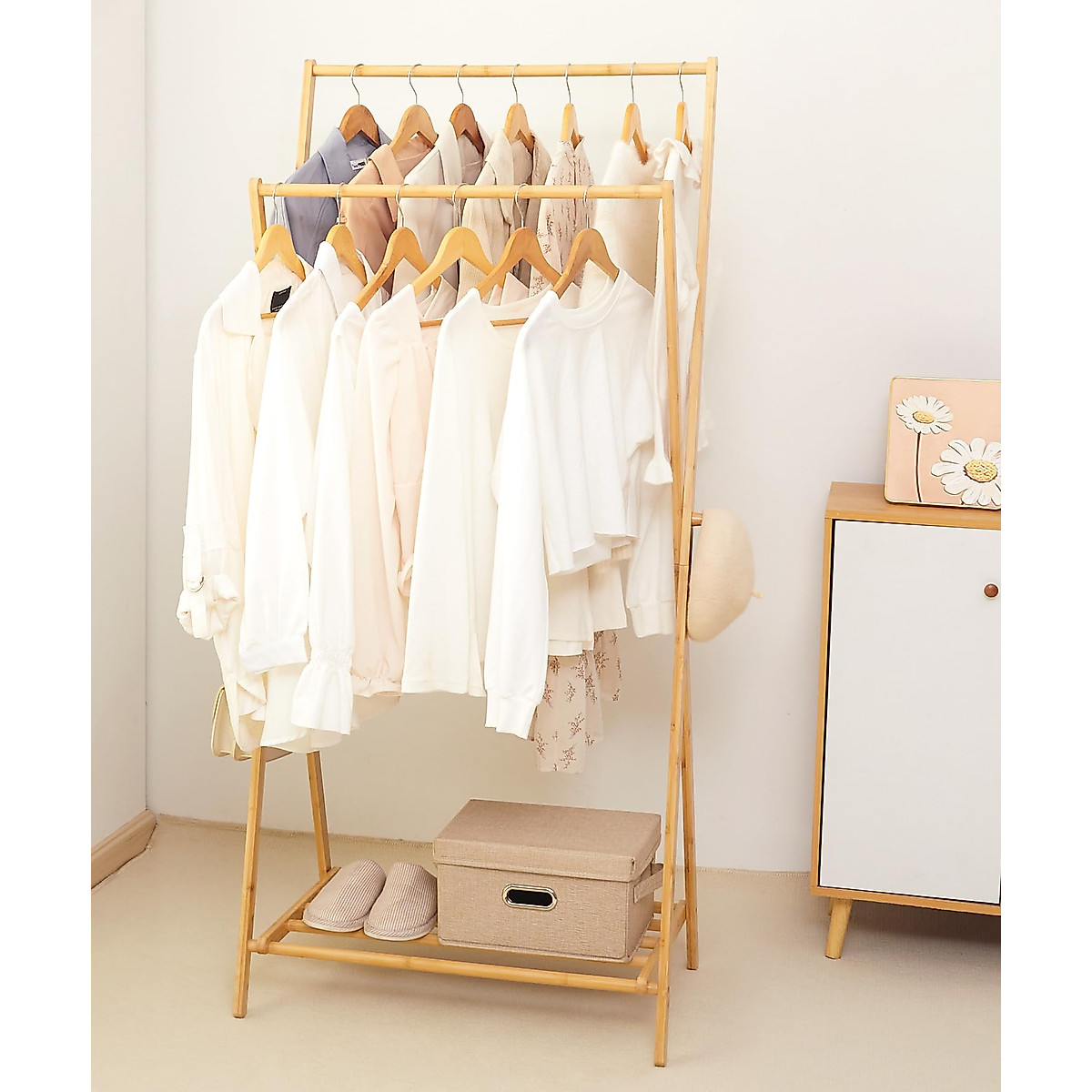 Cozivolife Bamboo Clothes Rack with Storage Shelf, Portable Garment Rack Clothing Racks for Hanging Clothes, Foldable Wardrobe Storage Rack for Entryway and Bed Room (Natural)