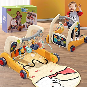 Baby Play Mat Gym,4-in-1 Baby Kick and Play Piano Tummy Time Mat Learning Walker-Musical Activity Center with Lights Seat and Push Walkers Ideas for Baby Newborn 0-6-12 18 Months Boy Girl
