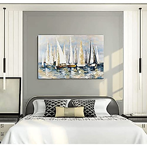 Yuegit Ocean Wall Art Sailboat Canvas Wall Art : Coastal Wall Decor Abstract Wall Art for Living Room Framed Prints for Home Decor Ready for Hang for Bedroom Bathroom Dining Room 24X36 Inch