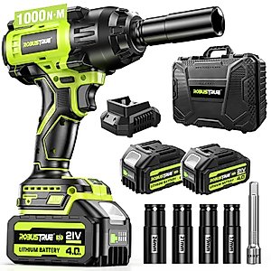 Robustrue 1000N.m(740ft-lbs) Cordless Impact Wrench, High Torque Brushless 1/2 Impact Gun, 2 x4.0Ah Battery 21V Max, Fast Charger, 4 Sockets, Pistola De Impacto for Home Car Tires Truck Mover