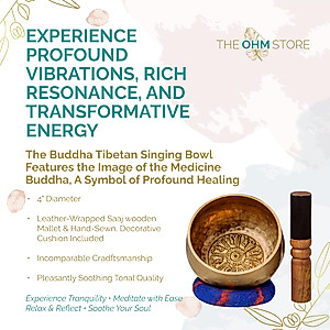 Tibetan Singing Bowl Set by The Ohm Store with 'Medicine Buddha' Engraving — Meditation Sound Bowl and Wooden Striker Handcrafted in Nepal — Spiritual Gift for Women and Men