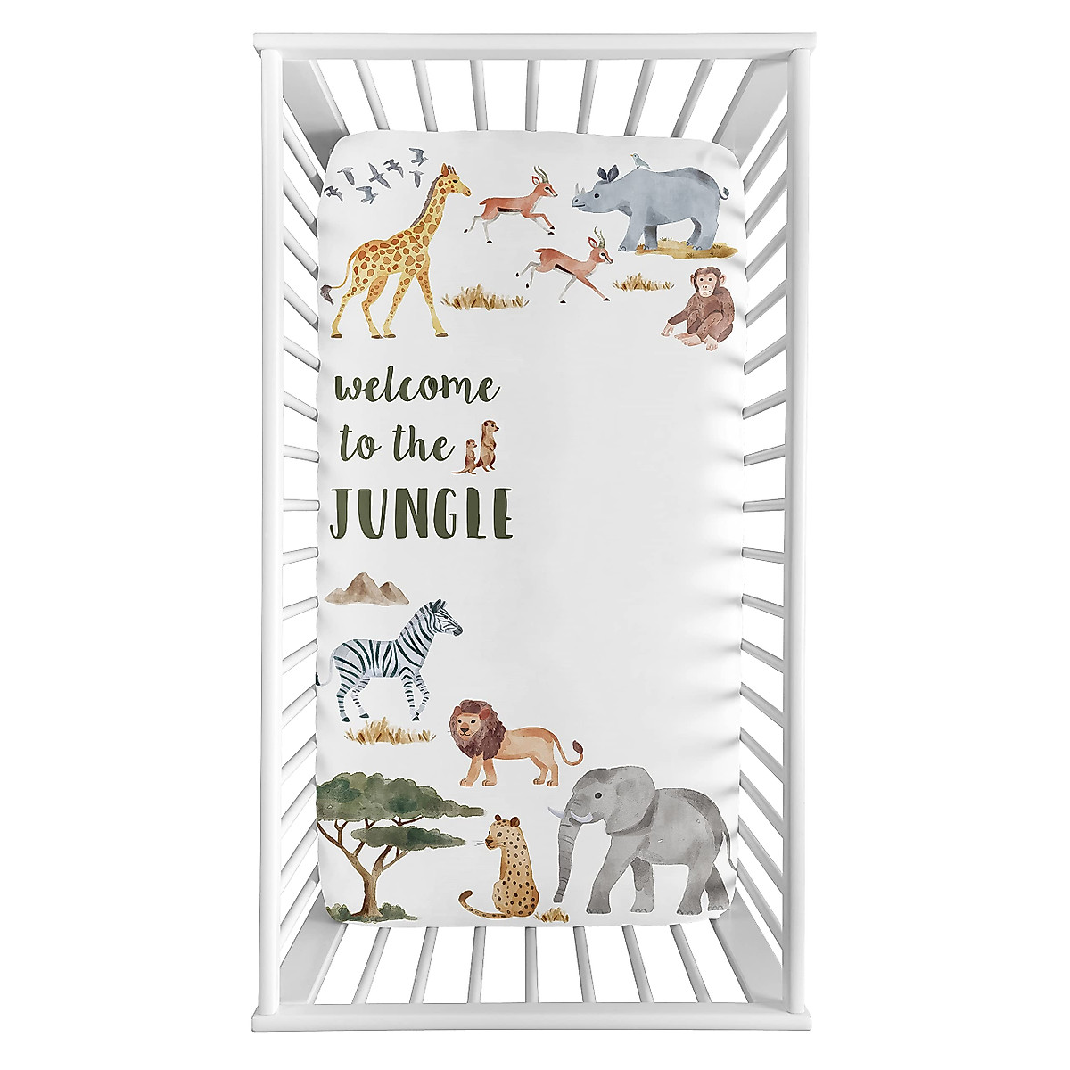 Sweet Jojo Designs Jungle Animals Boy Girl Fitted Crib Sheet Baby Toddler Nursery Photo Op Hunter Green Yellow Grey Orange Black White Gray Wildlife Safari Animal Elephant Giraffe Lion Monkey Leopard