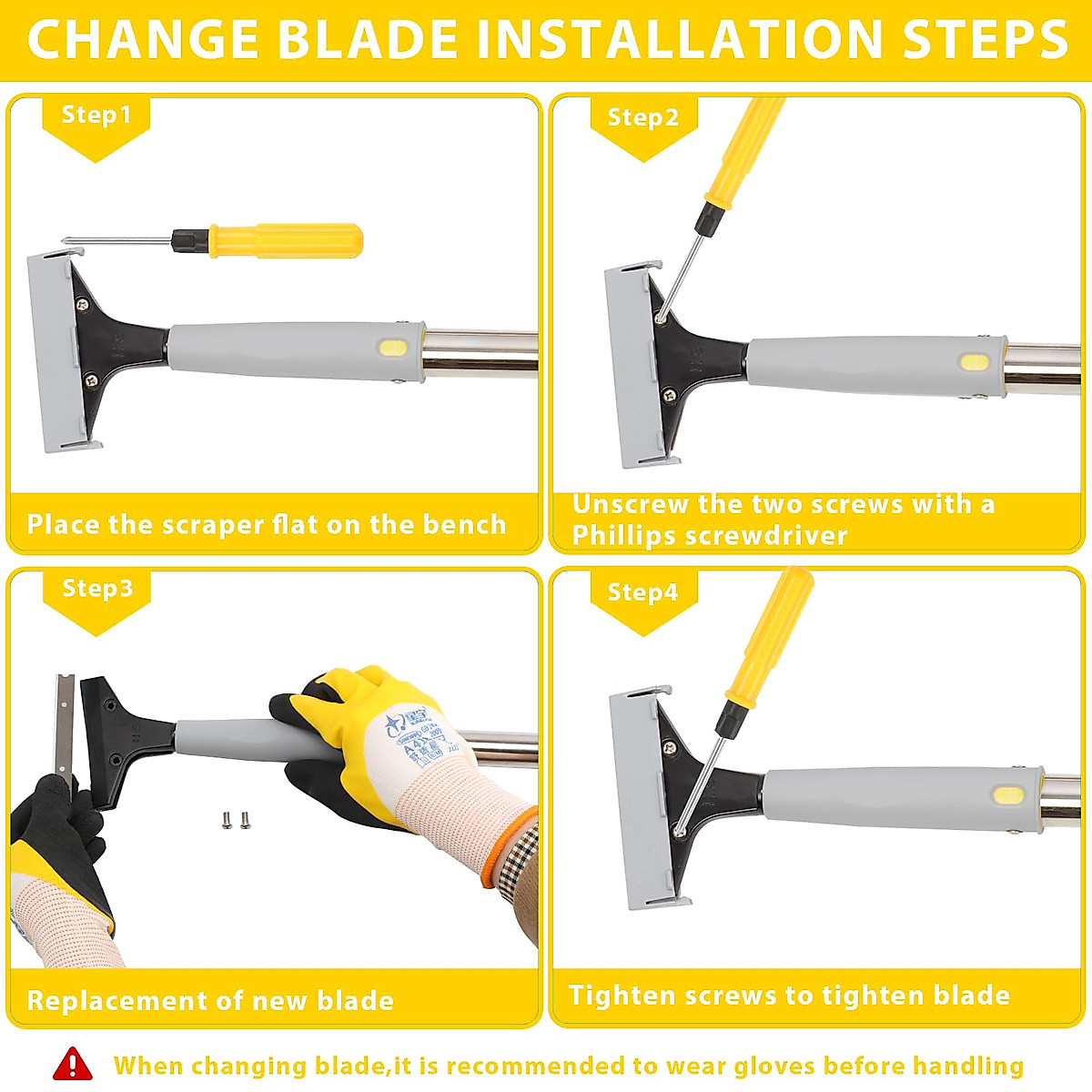 Floor Scraper Long Handle Heavy Duty, Floor Scraper Blades 4 inch scraper tool kitchen 31-61“ Thickened Steel Sharp Blades Free Extra 10PCS Metal Paint Scraper Ideal for Cleaning.(1, black)