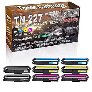 8-Pack (2BK/2C/2Y/2M) Compatible High Yield TN227 (TN-227BK TN-227C TN-227Y TN-227M) (With Chip) Printer Toner Cartridge use for HL-L3210CW L3230CDW L3270CDW L3290CDW L3230CDN MFC-L3710CW Printers