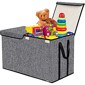 YOLOXO Large Kids Toy Box Chest Storage organizer with Double Flip-Top Lid - Collapsible Sturdy Toy Organizers And Storage Bins With Big Handles For Nursery, Playroom, 26.8"x13.8"x16"(Grey)