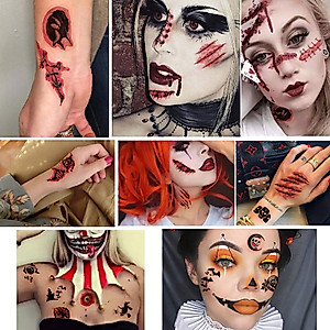 Yazhiji 42 Sheets Halloween Temporary Tattoo Family Set Day of Dead Pumpkin Ghost for Women Black Fake Death Skull Skeleton Tatoos for Men Boy and Girl, Halloween Zombie Makeup Tattoo Kit