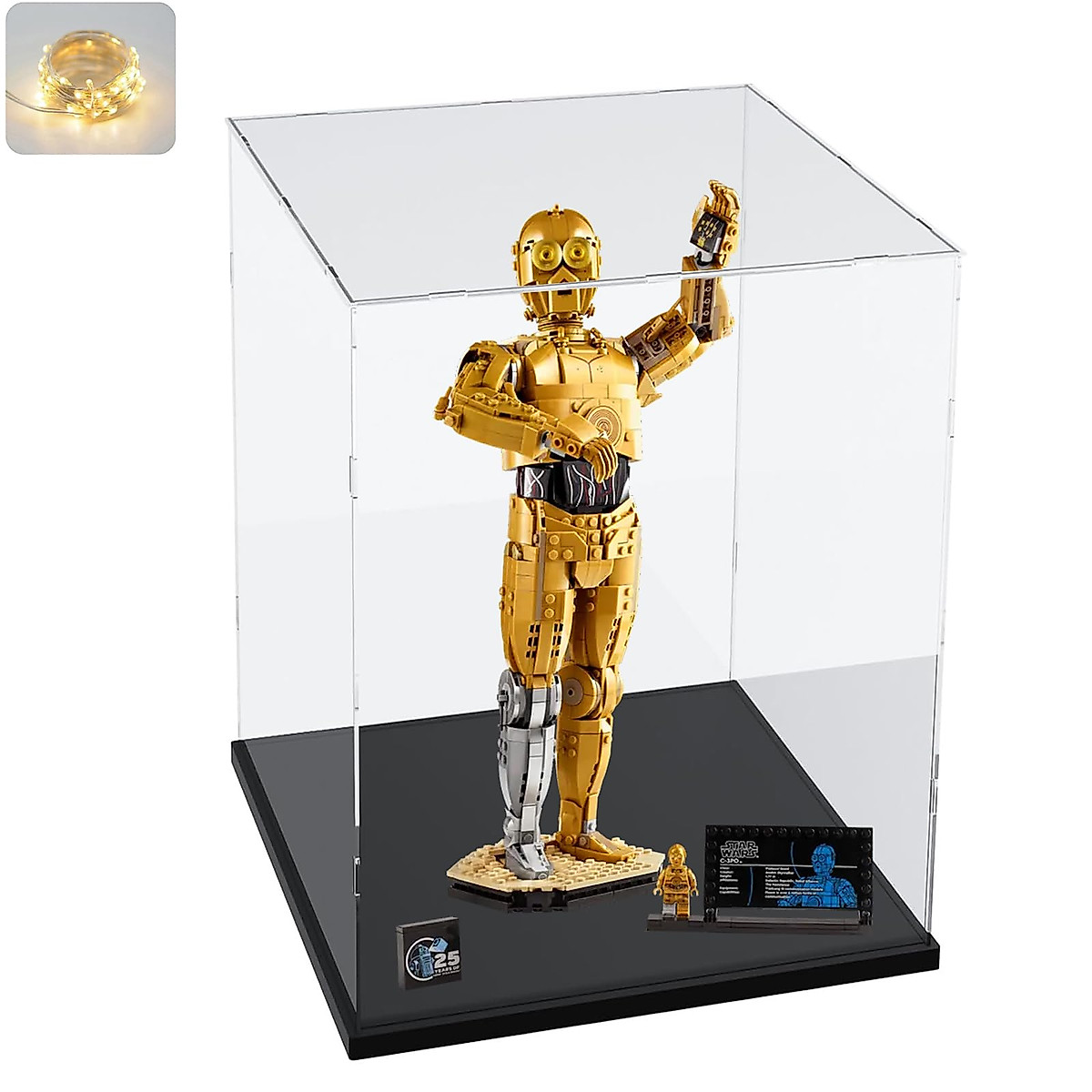 Thickened Clear Acrylic Display Case for Lego 75398 C-3PO 76989 21347 75308 Collectibles, Self-Assembly Box Dustproof Protection with Wood-Plastic Base & String Light, Black Inside 9.8x9.8x15.7 inch