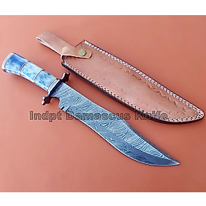 Handmade Damascus Steel Hunting Bowie Knife Full Tang Fix Blade 15' Inches Color Camel Bone Handle Comes With Leather Sheath Personalized Gift for Him