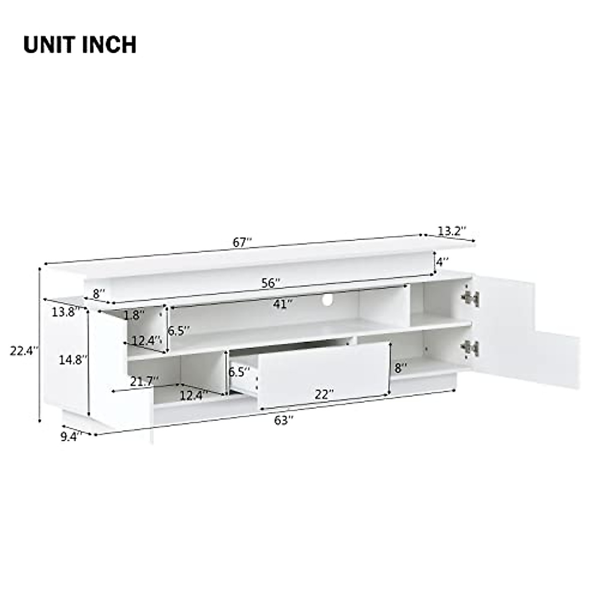 Modern LED TV Stand for 75 inch TV, White Entertainment Center with LED Lights and 4 Storage Cabinets, High Gloss Media TV Console with Drawer for Living Room, Bedroom