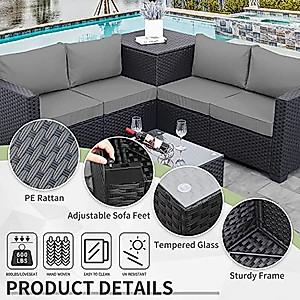 Outdoor PE Wicker Patio Furniture Set 4 Piece Black Rattan Sectional Loveseat Couch Set Conversation Sofa with Storage Box Glass Top Table and Non-Slip Grey Cushion