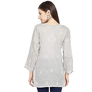 Ada Hand Embroidered Indian Chikankari Straight Cotton Tunic Top Kurti Shirt for Women A534584 (Grey, Medium)