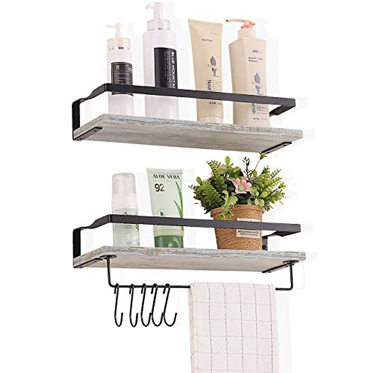 Floating Shelves Wall Mounted Storage Shelves with Rails, Rustic Decorative Storage Shelves for Bathroom, Kitchen, Bedroom, Set of 2 (Denim Blue)