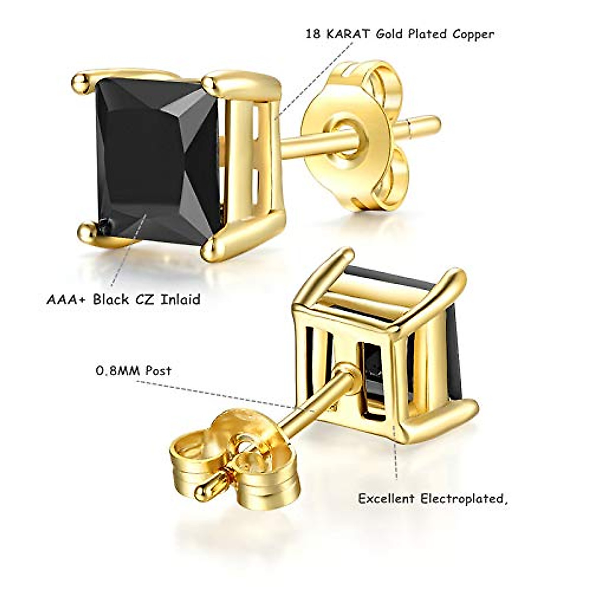 FOSIR Womens Mens 18K Yellow Gold Plated Black Square Clear Cubic Zirconia Stud Earrings(5 Pairs, 3-7mm CZ)