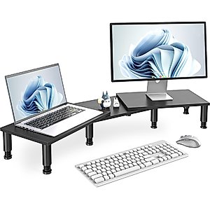 AX Waber Dual Monitor Riser, Adjustable Height Steel Leg Wooden Stand with Storage Space - Black