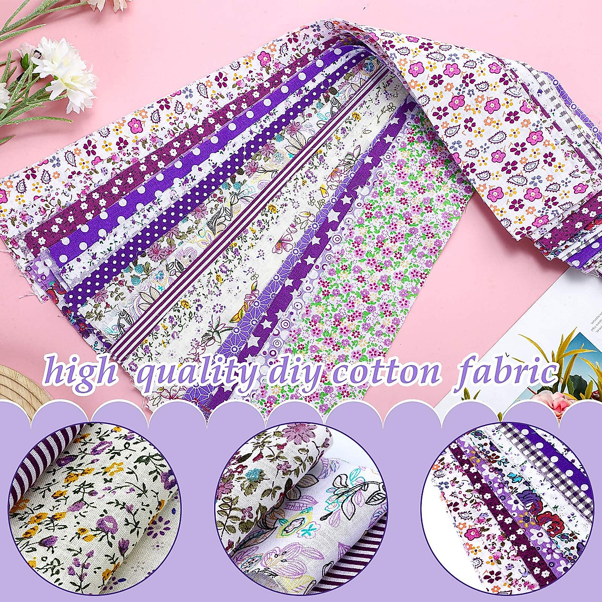 Kingdder 70 Pcs Floral Cotton Fabric Patchwork Roll 2.55 x 39.4 Inch Cotton Quilting Fabric Roll up Cotton Fabric Quilting Strips Precut Patchwork Roll for Craft Sewing DIY Crafts (Purple Flower)