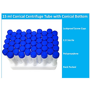 15 ml Conical Centrifuge Tube with Conical Bottom, Leakproof Screw Caps, Sterile, Polypropylene (PP), Rack Packed (Pack of 50)