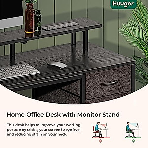 Huuger 55 inch Computer Desk with 4 Drawers, Gaming Desk with LED Lights & Power Outlets, Home Office Desk with Large Storage Space for Bedroom, Work from Home, Black