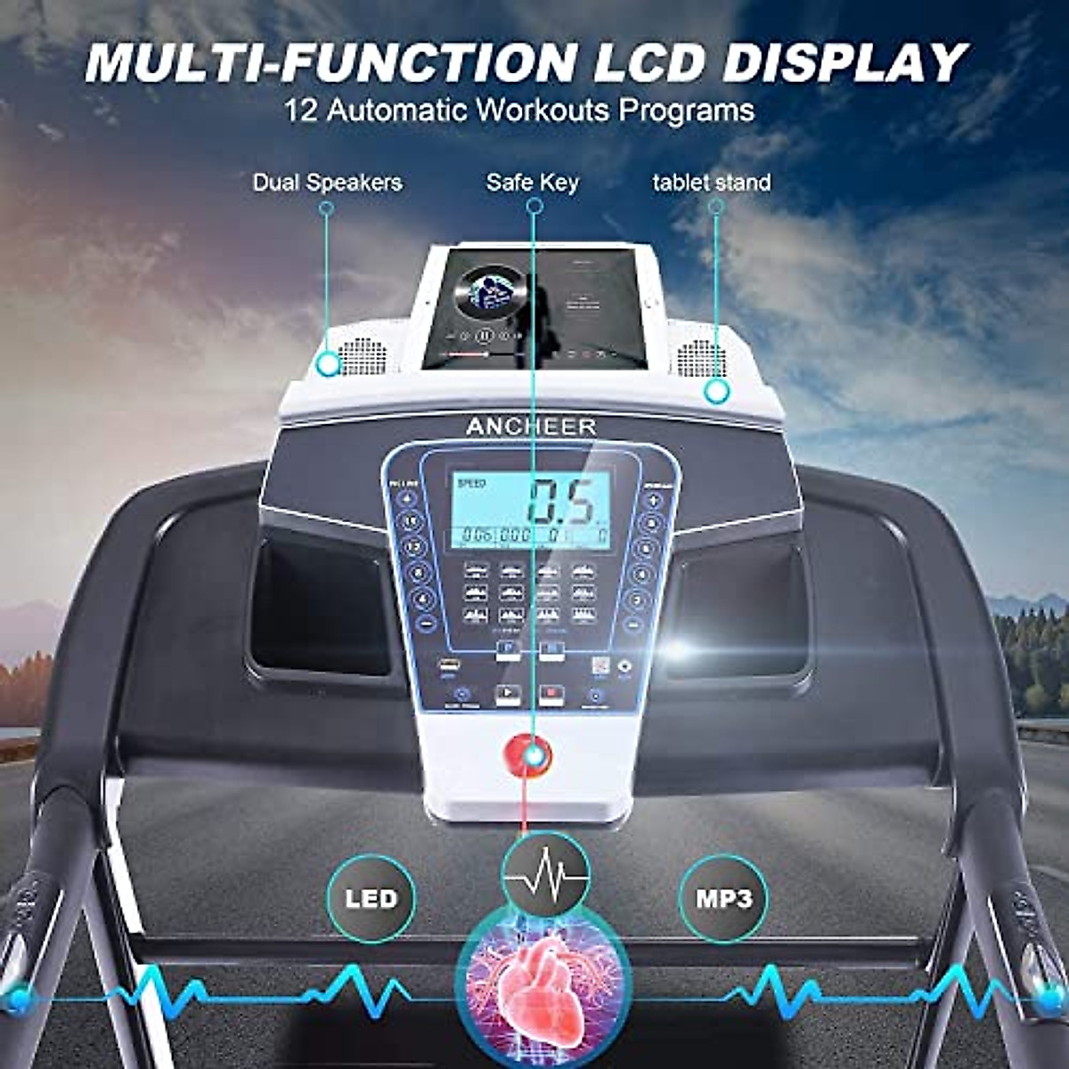 ANCHEER Treadmill 3.25HP Motor, Treadmills with Auto Incline 15%, Electric Running Machine for Home Gym Cardio Training, 300LB Capacity Foldable Treadmill for Home