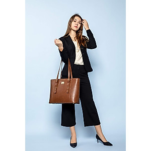 LOVEVOOK Laptop Bag for Women, Structured Leather Computer Bag, Professional Work Tote Purse, Teacher/Attorney’s Choice, Retro-Brown