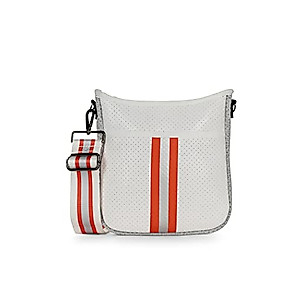 Haute Shore - Jeri Crush Crossbody Tote, White Coated W/Orange & Silver Stripe
