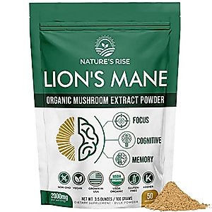 Lions Mane Mushroom Powder Organic Supplement - (USA Grown), Fruiting Body Extract, Nootropic Brain Supplement for Focus & Memory Support, Creativity, Brain Booster | 3.5 Ounces (50 Servings)
