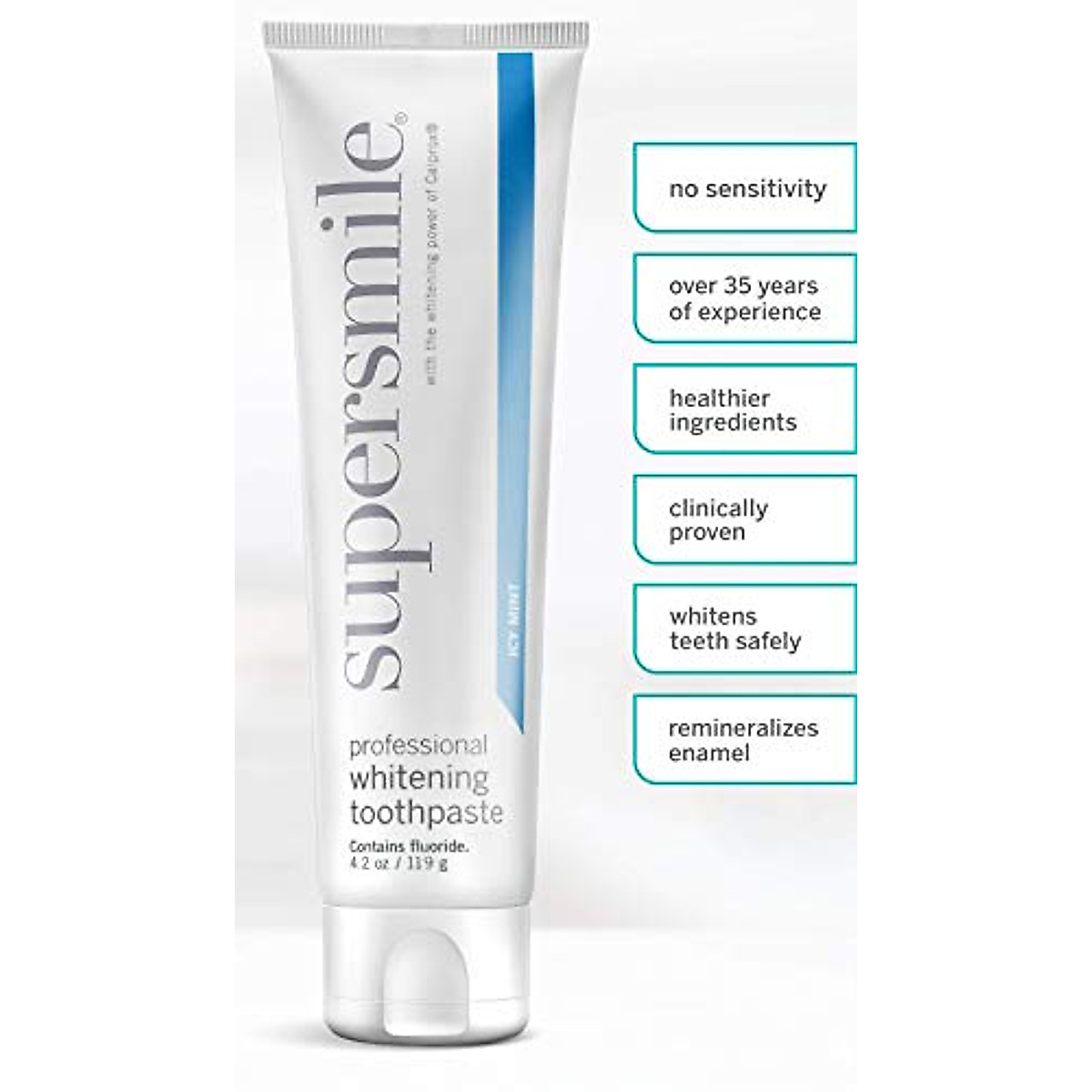 Supersmile Professional Teeth Whitening Toothpaste with Fluoride - Clinically Proven to Remove Stains & Whiten Teeth Up to 6 Shades - Enamel Strengthening - No Sensitivity (Icy Mint, 4.2 Oz)