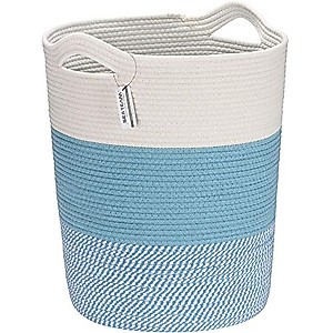 Sea Team Large Size Cotton Rope Woven Storage Basket with Handles, Laundry Hamper, Fabric Bucket, Drum, Clothes Toys Organizer for Kid's Room, 20 x 14 inches, Round Open Design, White & Mottled Blue