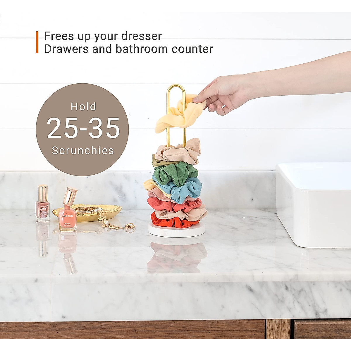 Mkono Scrunchies Holder Stand Hair Accessories Organizer Gold White Metal Scrunchies Tower Hold 25 - 35 Scrunchies Modern Vertical Hair Tie Organizer Jewelry Scrunchy Holder for Girls, White