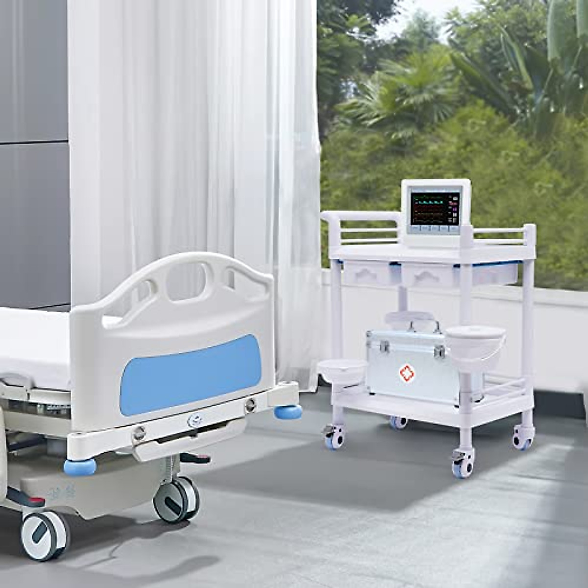 Rolling Utility Cart, 3-Tier Heavy Duty Cosmetology Cart with 360° Swivel Wheels, Dirt Bucket and Drawer for Beauty Salon SPA, Commercial Hospital Office Lab Cart (White)