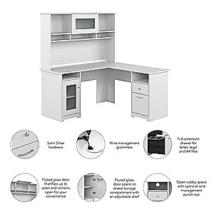 Bush Furniture Cabot Desk with Hutch | Corner with Storage for Home Office | L Shaped Computer, 60W, White