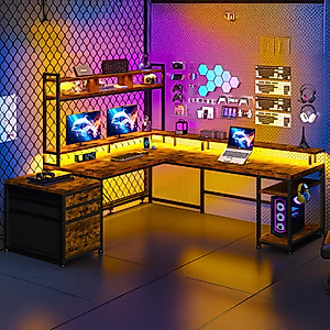 EnHomee L Shaped Desk with Drawers Large L Shaped Gaming Desk with LED & Storage Shelf Reversible Gaming Desk with Monitor Stand Power & Outlet Wide Home Office Desks with File Cabinet Brown