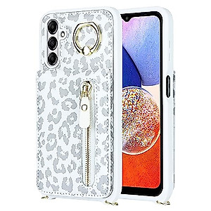 Jaorty Samsung Galaxy A14 5G Phone Case for Women with Card Holder,Crossbody Phone Case for Samsung Galaxy A14 with Strap Lanyard,Credit Card Slots Kickstand Case with Ring Holder,White Leopard