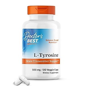 Doctors Best L-Tyrosine, 500 mg, Brain Transmitter Support, Non-GMO, Gluten Free 120 Veggie Caps