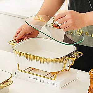 Rectangular Porcelain Casserole Warming Trays for Food, Ceramics Chafers, and Buffet Warmers Sets, Gold Plating Serving Dishes (Small 1.6 quarts)