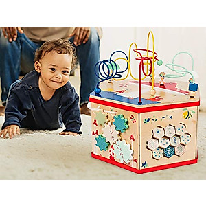 Wooden Activity Cube XL Size by Small Foot – Classic 7-Sided Interactive Toy with Bead Maze, Puzzle, Shape Sorter, Clock & Wheels - Develops Kids Dexterity, Motor Skills – Age 12+ months