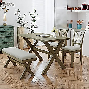 Harper & Bright Designs 4-Piece Wood Dining Table Set, Farmhouse Rustic Kitchen Dining Table with 2 Upholstered X-Back Chairs and Bench, Gray Green