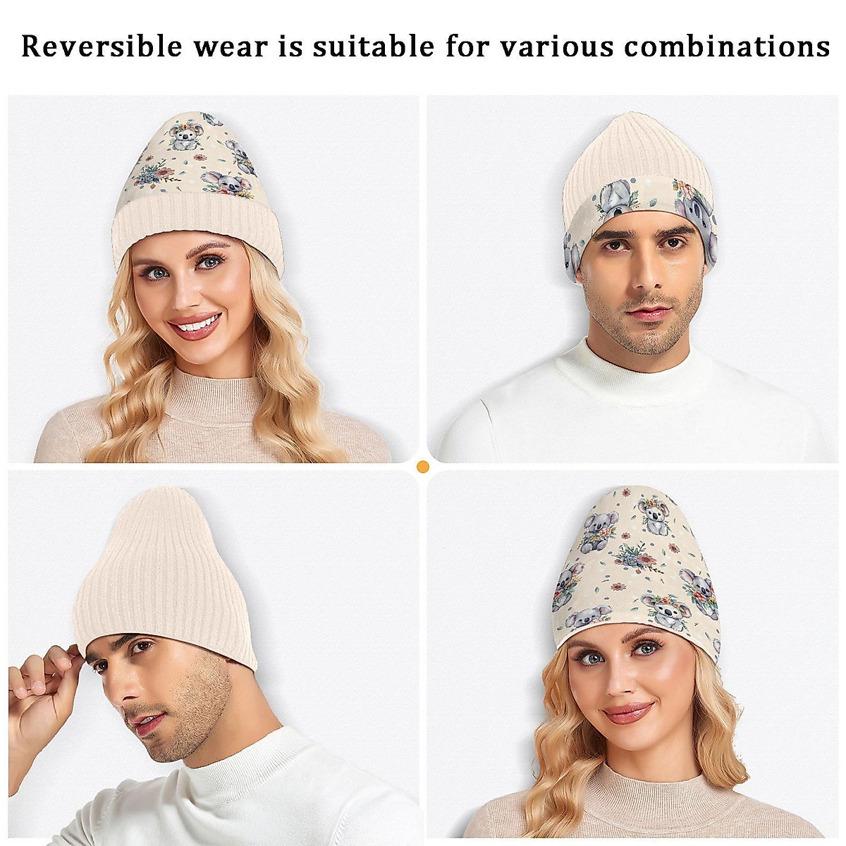 Naanle Floral Koalas Mens Womens Beanie Hat Stretch Slouchy Warm Knit Winter Hats Skully White Beanie Women Ski Beanies Cap
