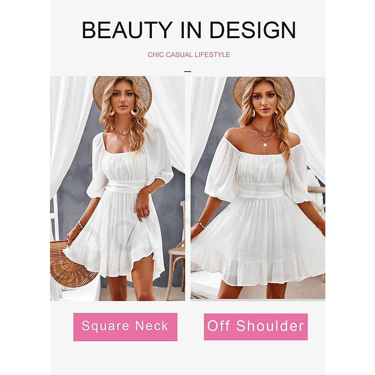 Dokotoo Square Neck Summer Dresses for Women 2023 Puff Sleeve Tie Backless Sexy Dresses Elastic Waist Ruffle A-Line Casual White Dress for Wedding Guest Small