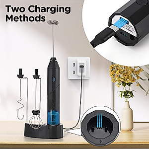 Rechargeable Milk Frother Handheld with 3 Heads, Coffee Electric Whisk Drink Foam Mixer with Stand, Hand Stirrer with 3 Speeds Adjustable and 2 grip methods for Latte, Cappuccino, Hot Chocolate, Egg