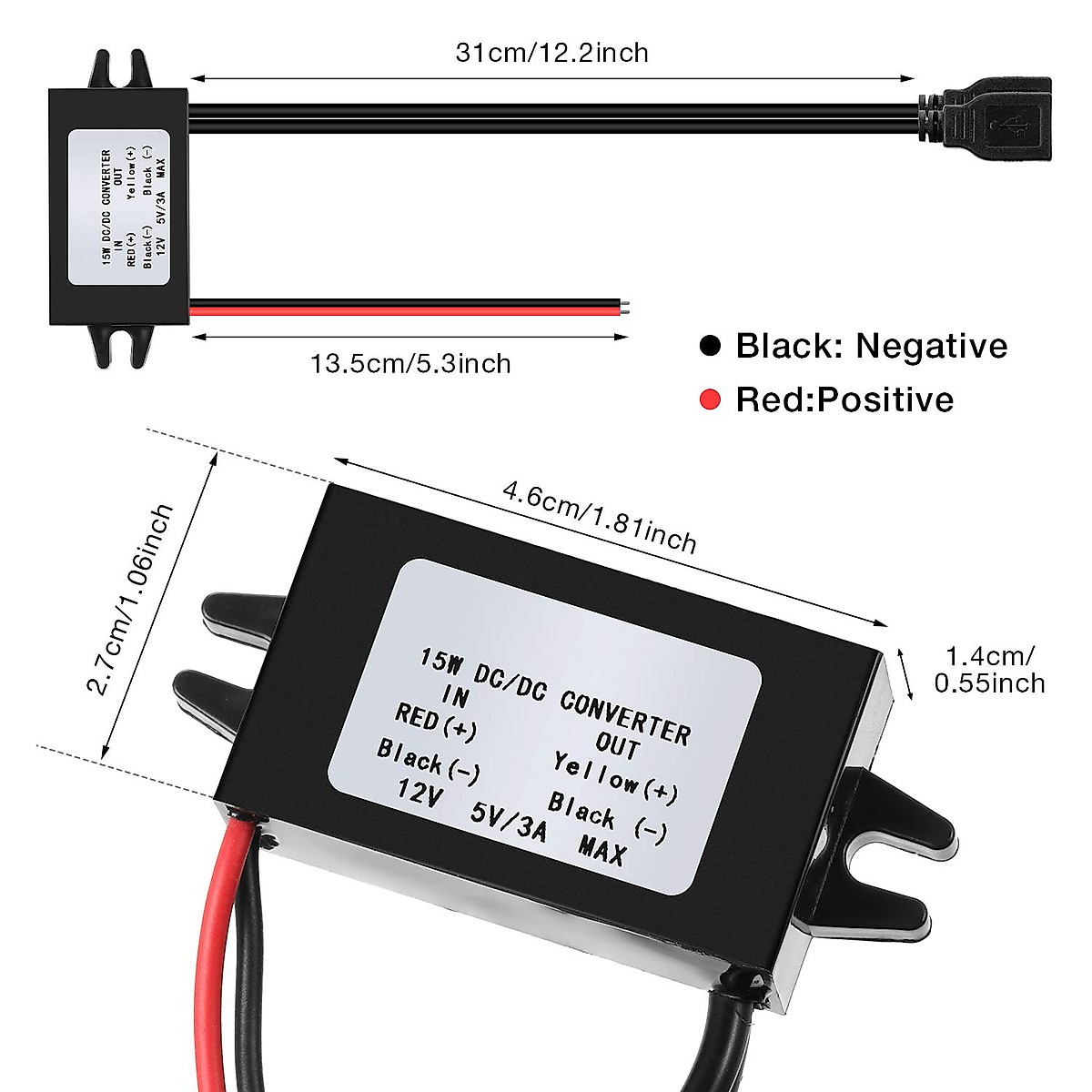 2 Pieces DC Converter 12V to 5V 3A 15W DC Buck Converter Module, DC to DC Reduced Voltage Regulator Car Power Converter Output Power Adapter (Double USB Interface)