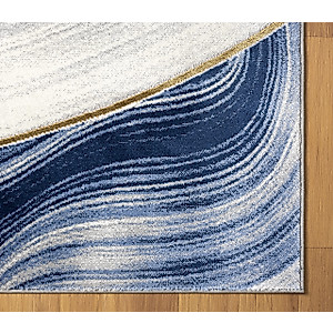 Abani Blue & Ivory Metallic Contemporary Ribbon Area Rug, Rugs Swirl Design Neutral Non-Shed 6' x 9' Bedroom Rug