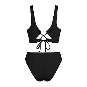 ZAFUL Womens High Waisted Bikini Set V Neck Crinkle Longline Plunge Triangle Bikini Two Piece Swimsuit Black