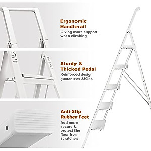 HBTower 5 Step Ladder, Aluminum Ladder with Handrails, Folding Step Stool for Adults, 330LBS Capacity Sturdy& Portable Ladder for Home Kitchen Library Office, White