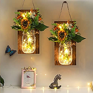 Adeeing Mason Jar Wall Decor, Rustic Wall Sconces with LED Lights Remote Control, Farmhouse Hanging Decorative Sconce Jars for Living Room, Hallway, Bedroom (Sunflowers Set of 2)